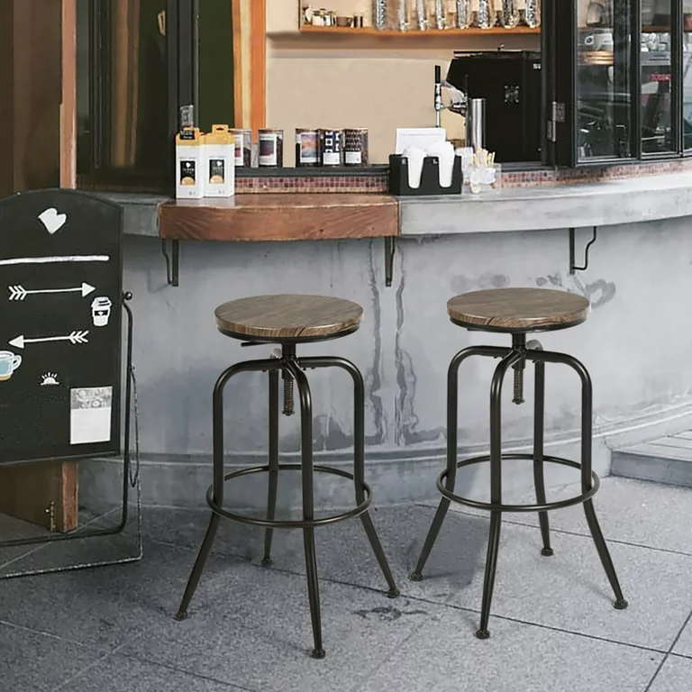 Adjustable Height Swivel Wood Style Round Bar Stool, Set of 2 ...